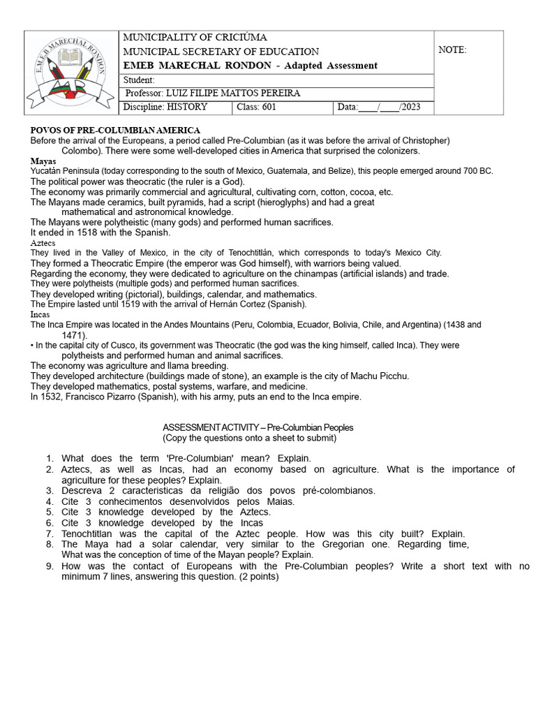 Activity - Assessment - 6TH Grade - Pre-Columbian Peoples ...