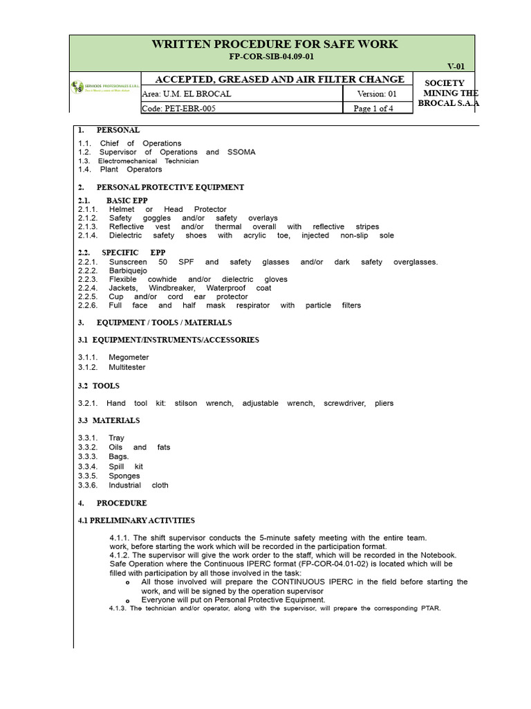 Safe Work Procedure: Filter Change Guide | PDF
