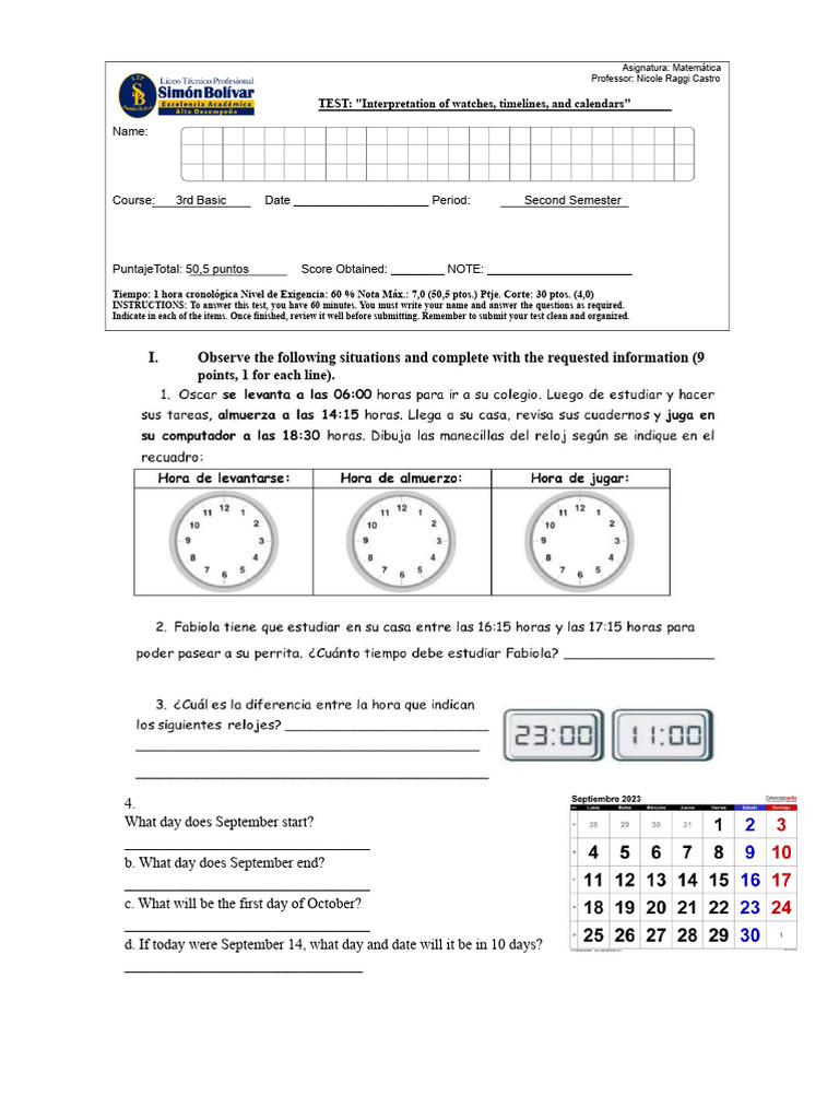 Test Interpretation of Clocks, Calendar, and Timelines | PDF