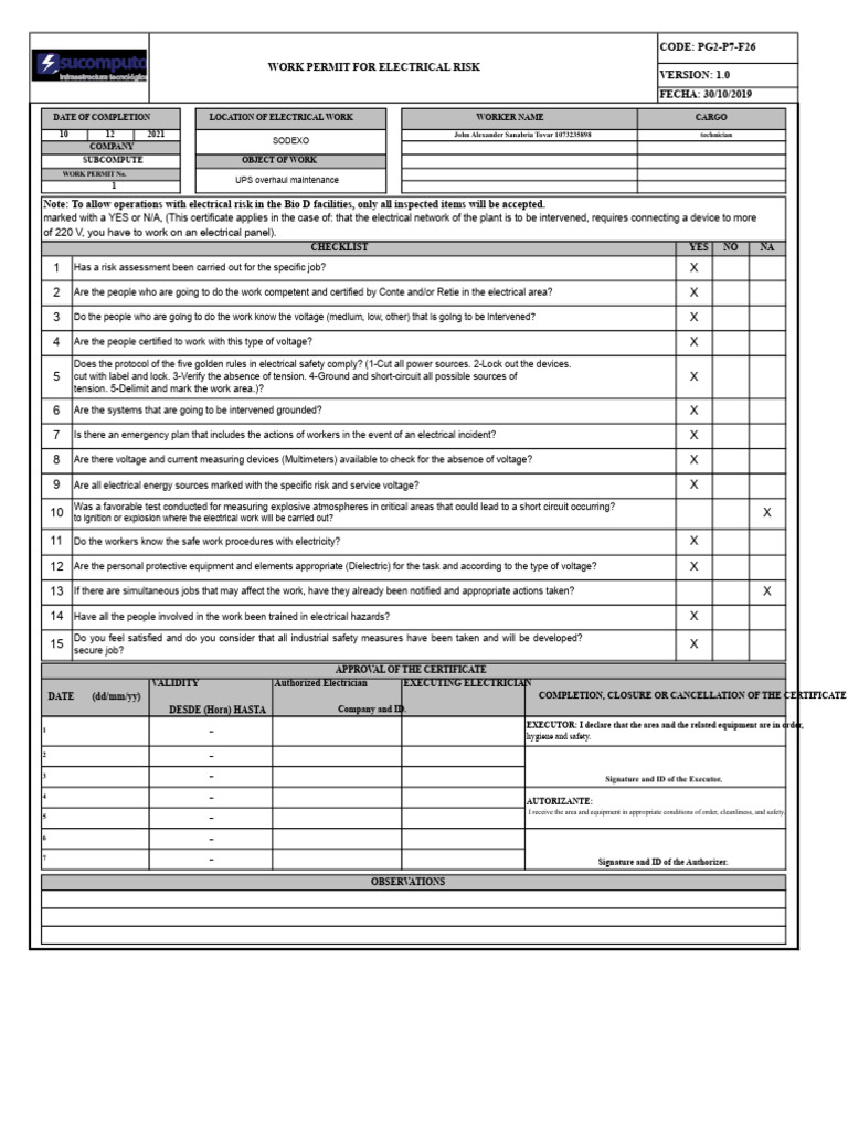 Electrical Work Permit Checklist | PDF | Electrician | Safety