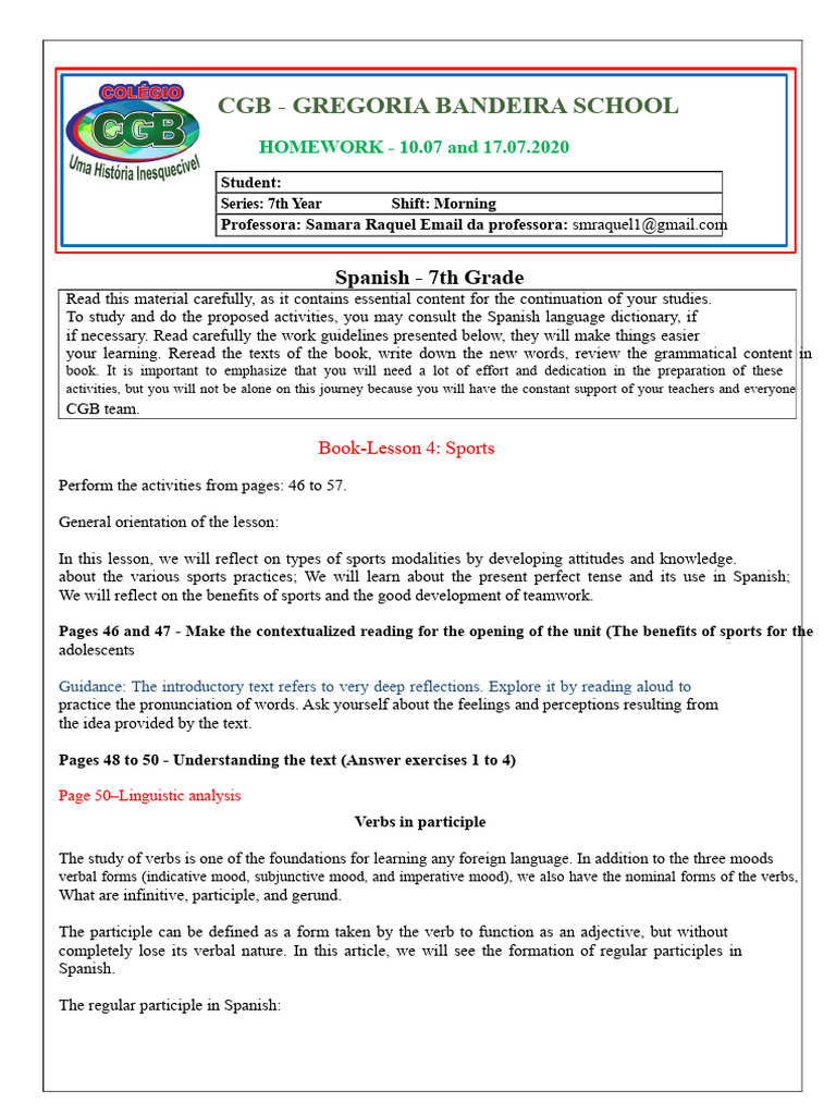 Spanish Activity - 7th Grade | PDF | Grammatical Conjugation ...