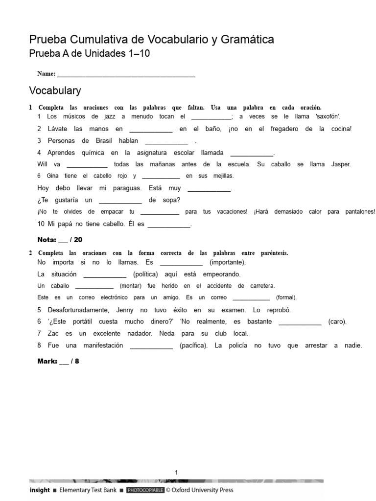 Prueba de Vocabulario y Gramática Acumulativa Unidades 1-10 A | PDF