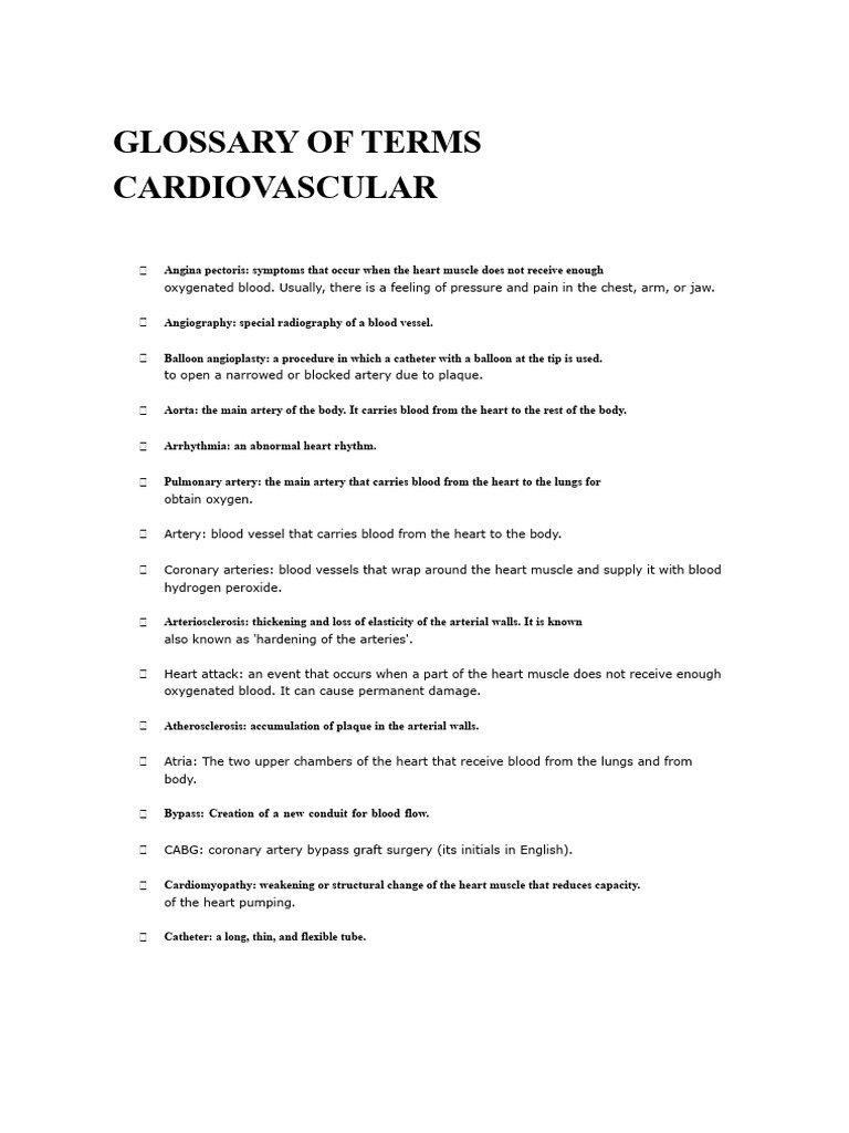 Cardiovascular Terms Glossary | PDF | Heart | Artery