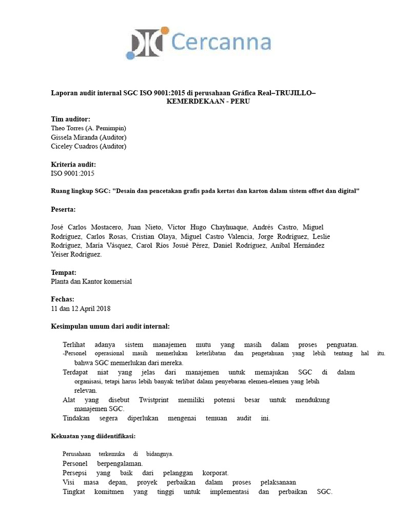 Audit SGC ISO 9001:2015 Gráfica Real | PDF