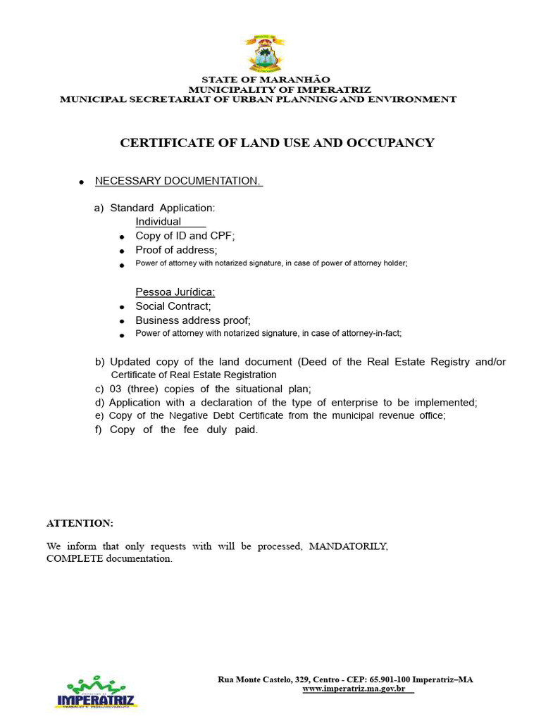 Land Use Certificate Requirements in Imperatriz | PDF