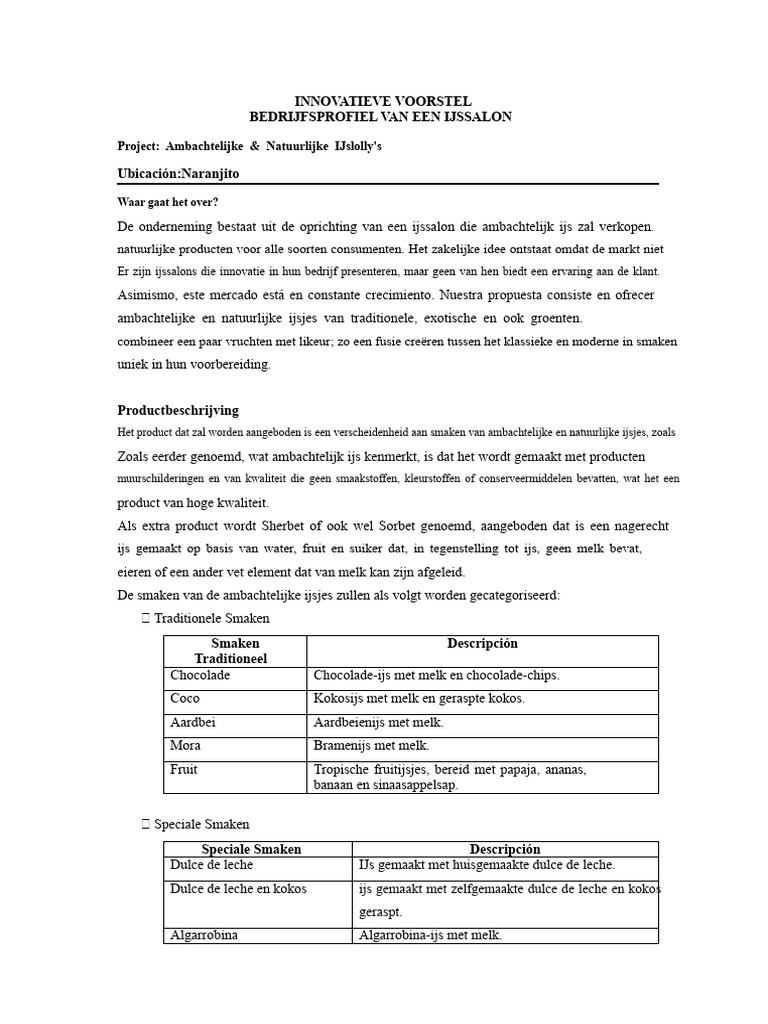Innovatieve Voorstel Voor Artisanale en Natuurlijke Ijsjes | PDF