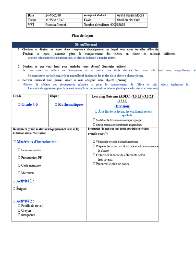 Plan de leçon sur la division en classe | PDF