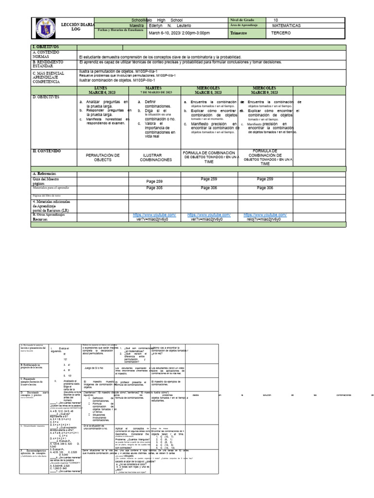 Registro Diario de Lecciones de Matemáticas 10 Semana 3 | PDF ...