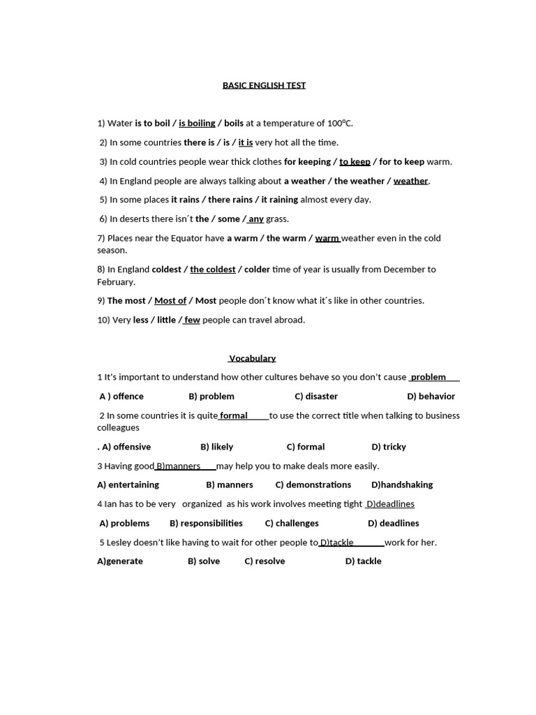 Basic English Test | PDF