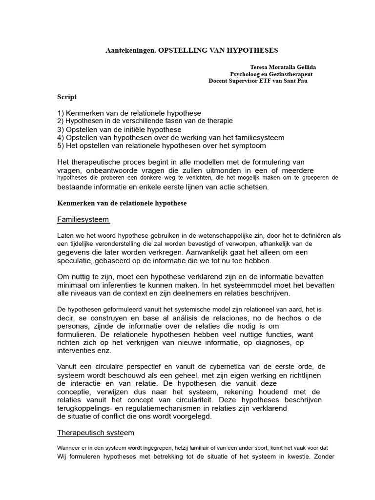 Aantekeningen Voor Het Opstellen Van Systemische Hypothesen | PDF