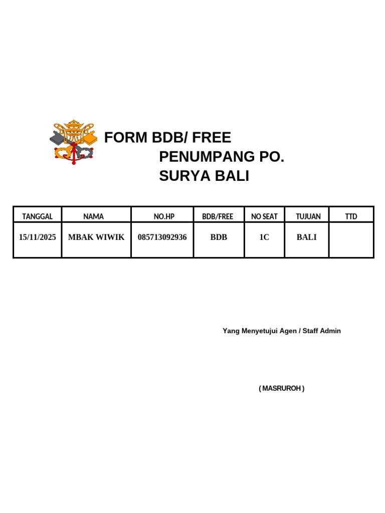 Formulir Penumpang PO Surya Bali | PDF