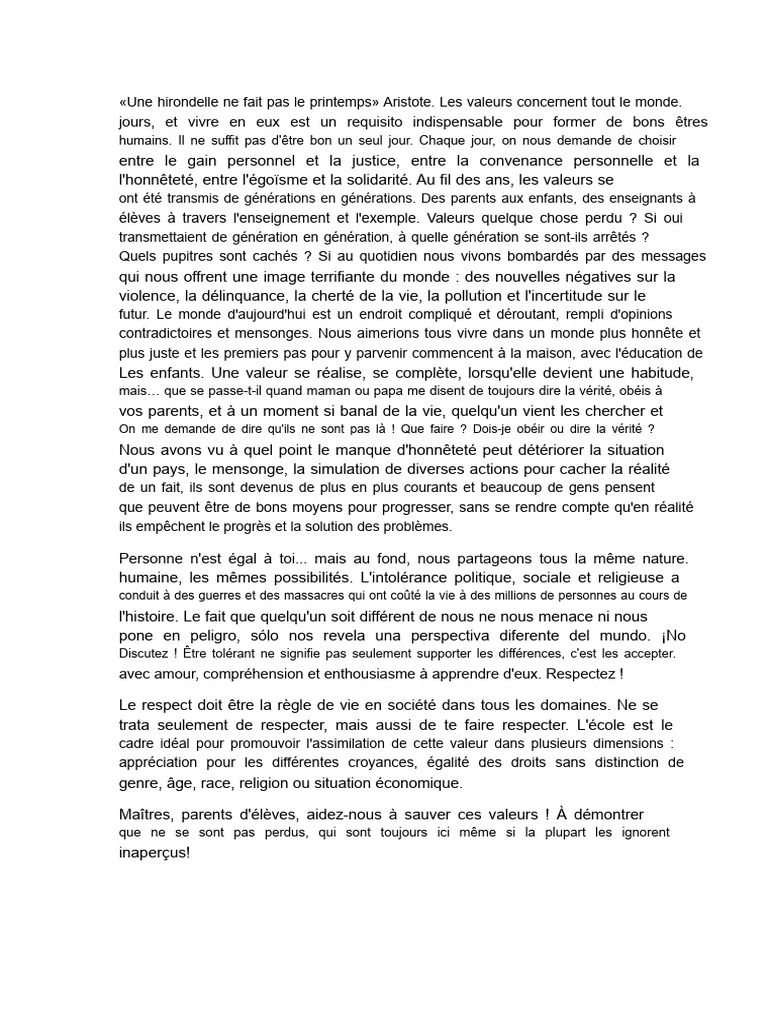 Valeurs humaines : éducation et respect | PDF | Vérité