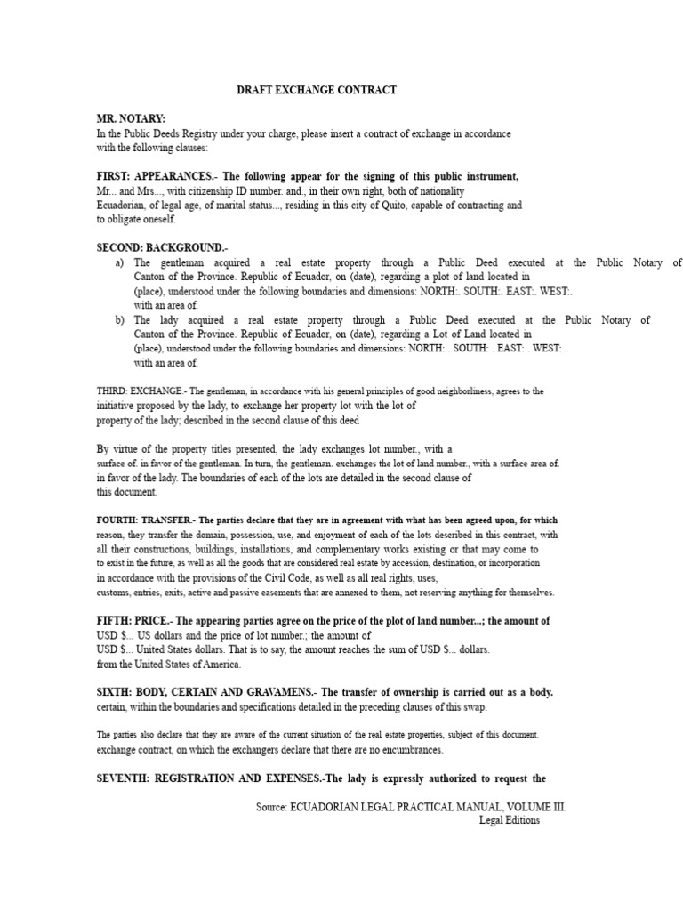 Ecuador Real Estate Exchange Contract | PDF | Deed | Land Lot