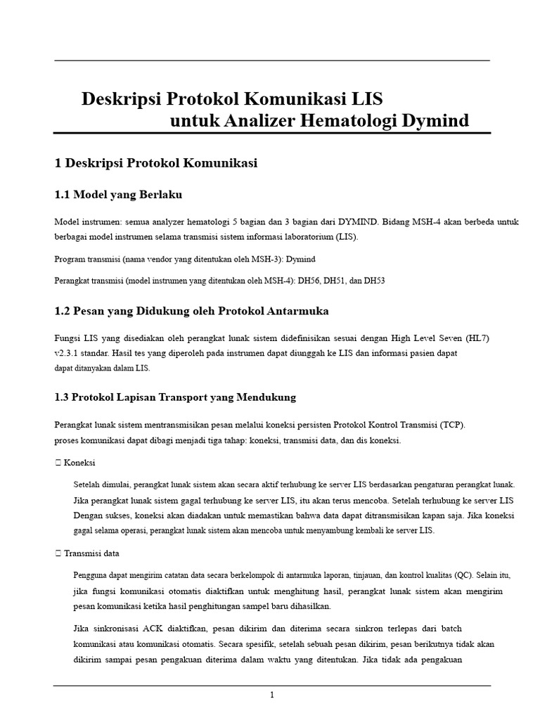 Deskripsi Protokol Komunikasi LIS Untuk Analyzer Hematologi Dymind | PDF