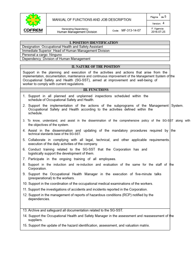 Occupational Health Assistant Job Manual | PDF | Occupational Safety ...