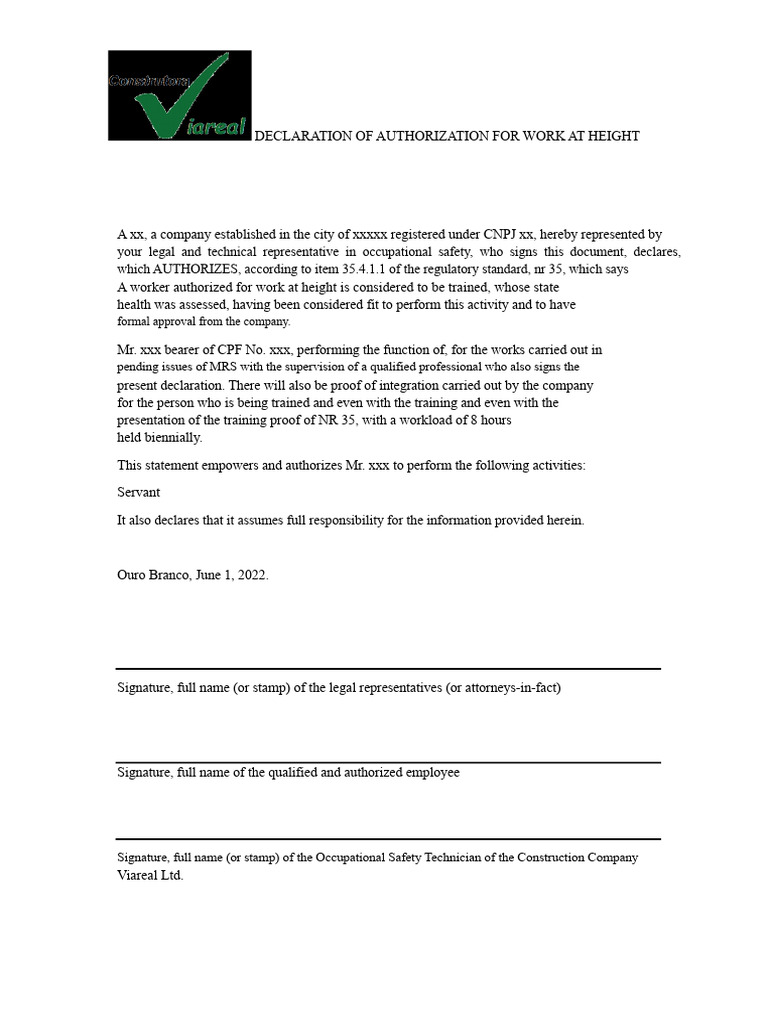 AUTHORIZATION DECLARATION FOR NR 35 - Model | PDF