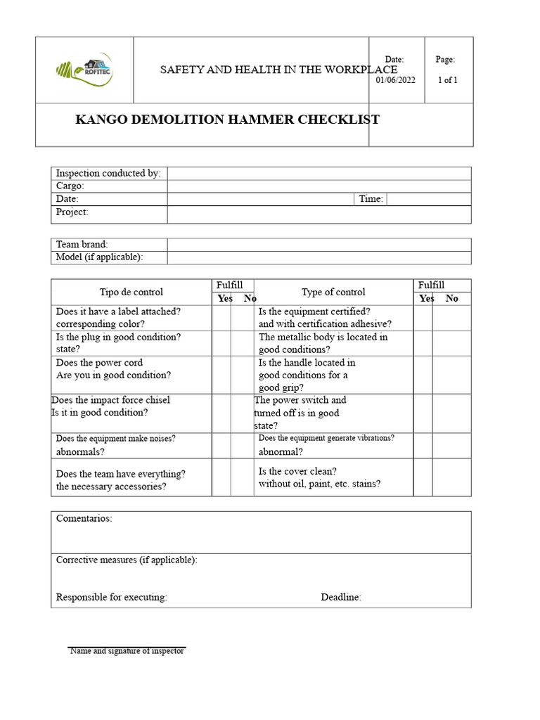 Kango Demolition Hammer Safety Checklist | PDF