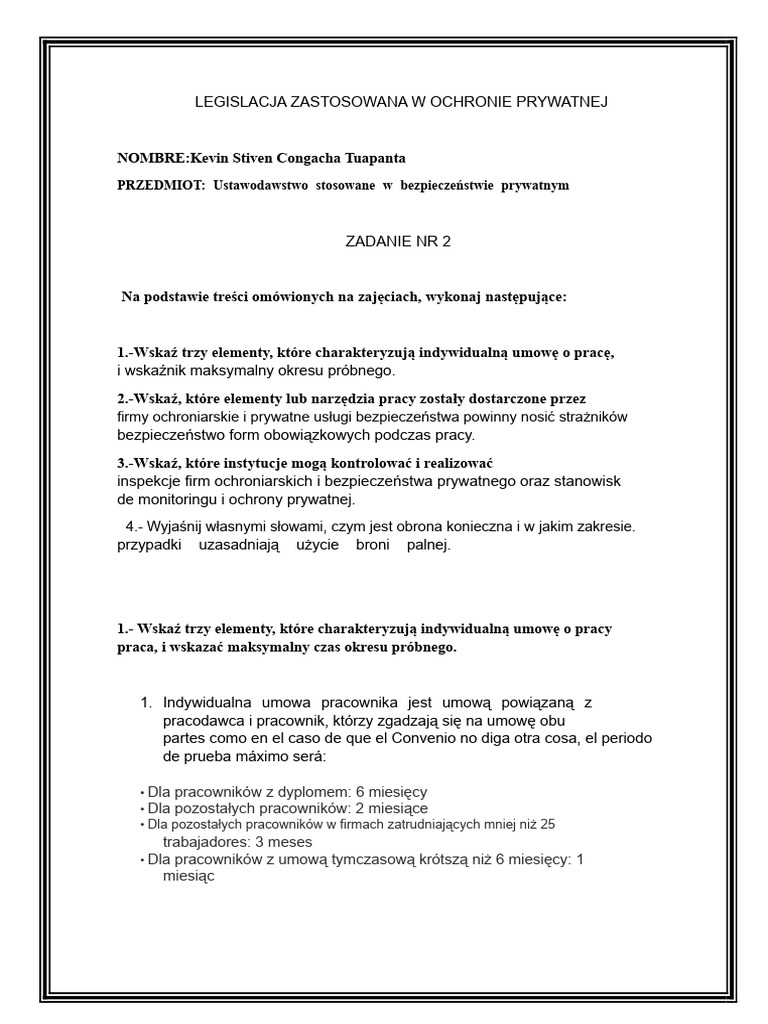 Legislacja Zastosowana Do Bezpieczeństwa Prywatnego Zadanie 2 | PDF