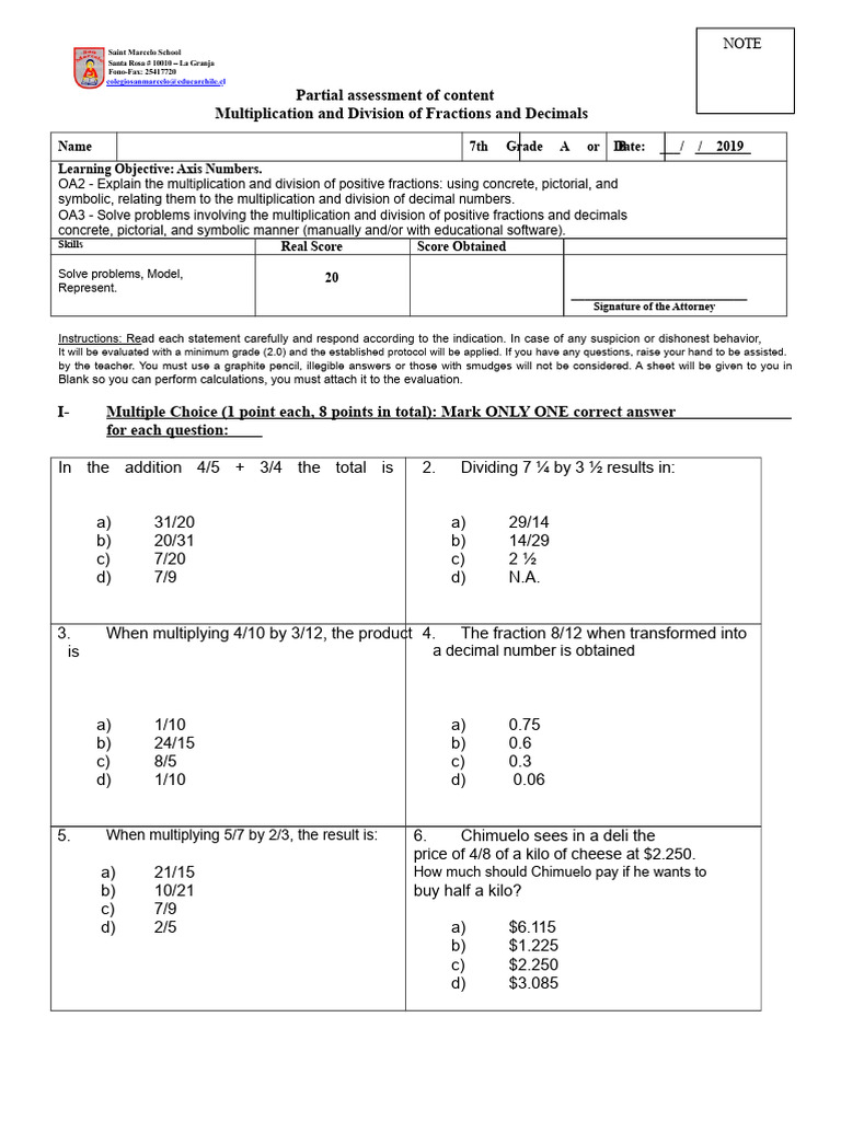 Summative Assessment 7th Grade Unit 1 Section 2 Fractions and Decimals ...