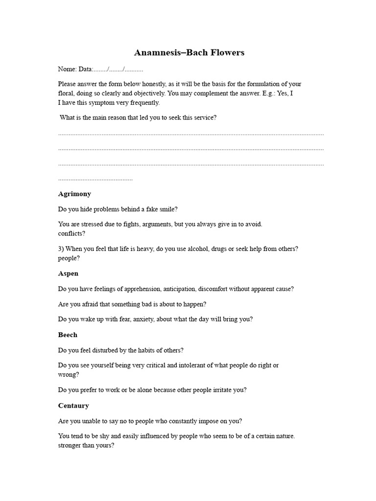 Bach Flower Remedies Questionnaire | PDF | Anxiety | Fear