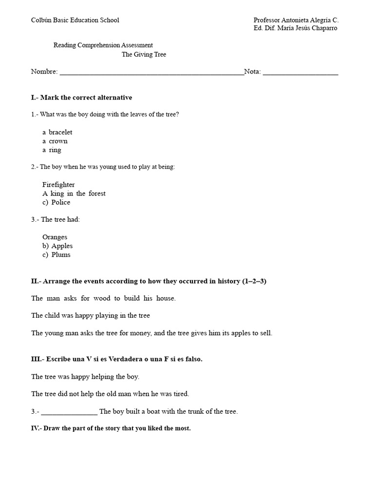 Reading Comprehension The Giving Tree | PDF