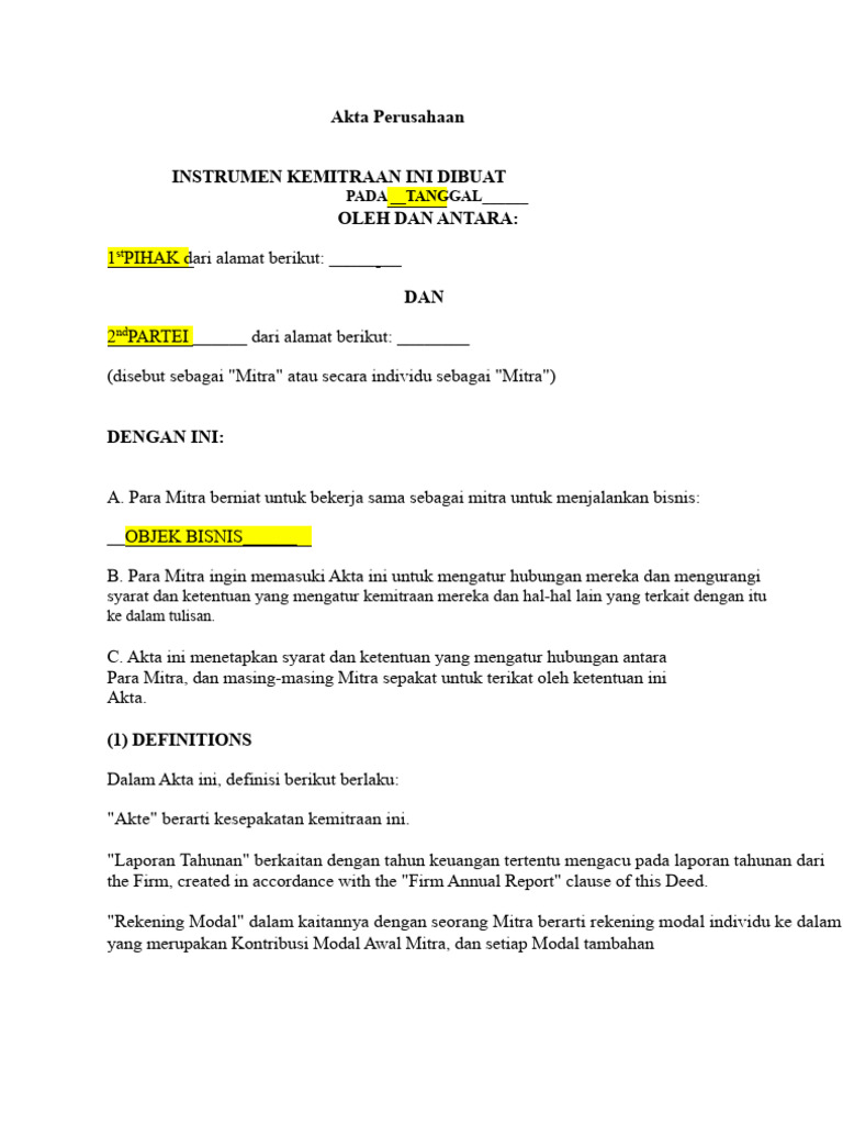 Contoh Akta Perjanjian Kemitraan | PDF