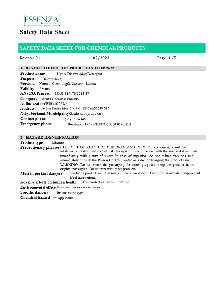 Hyper Dishwashing Detergent Safety Data Sheet | PDF | Safety ...