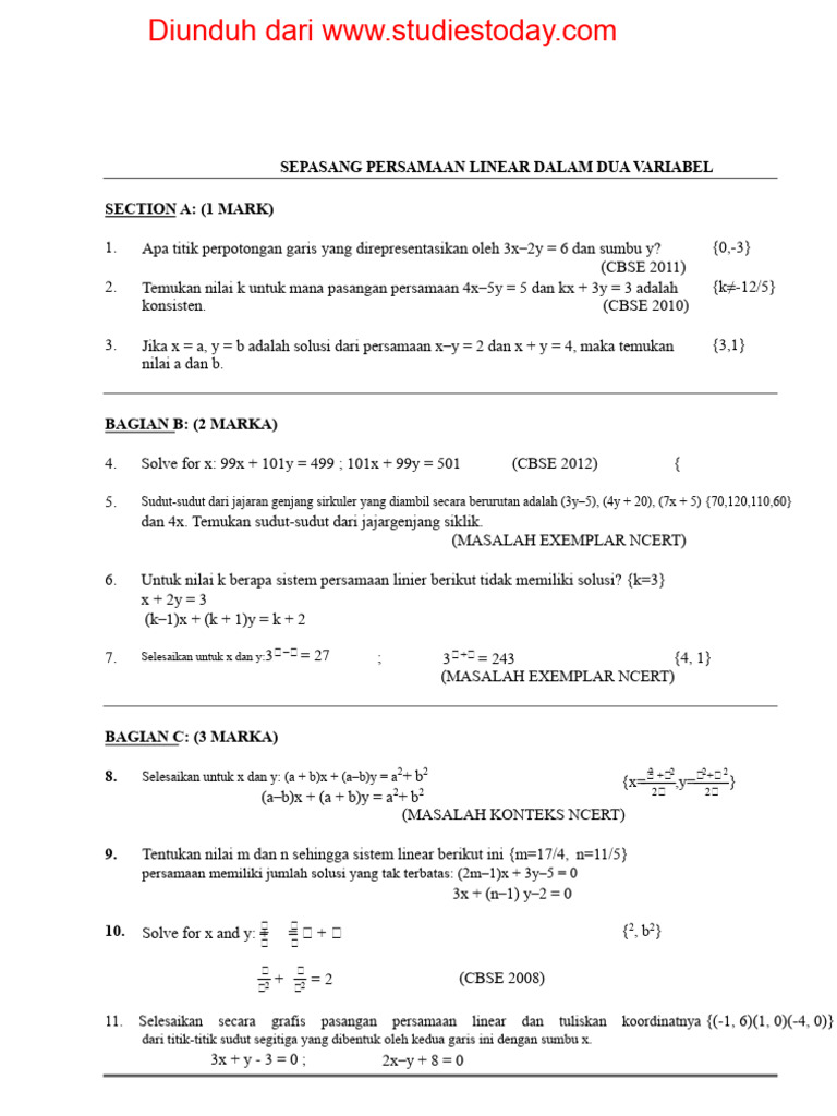 Persamaan Linear Dua Variabel: Soal dan Solusi | PDF