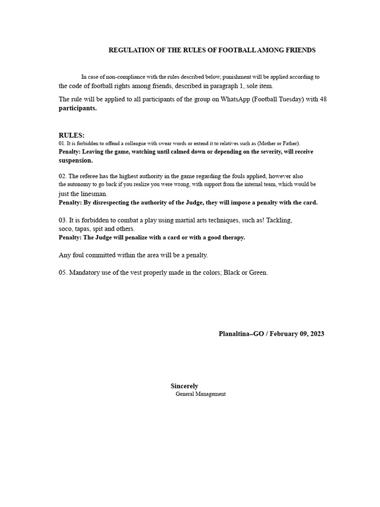 Regulations of The Rules of Football Among Friends | PDF