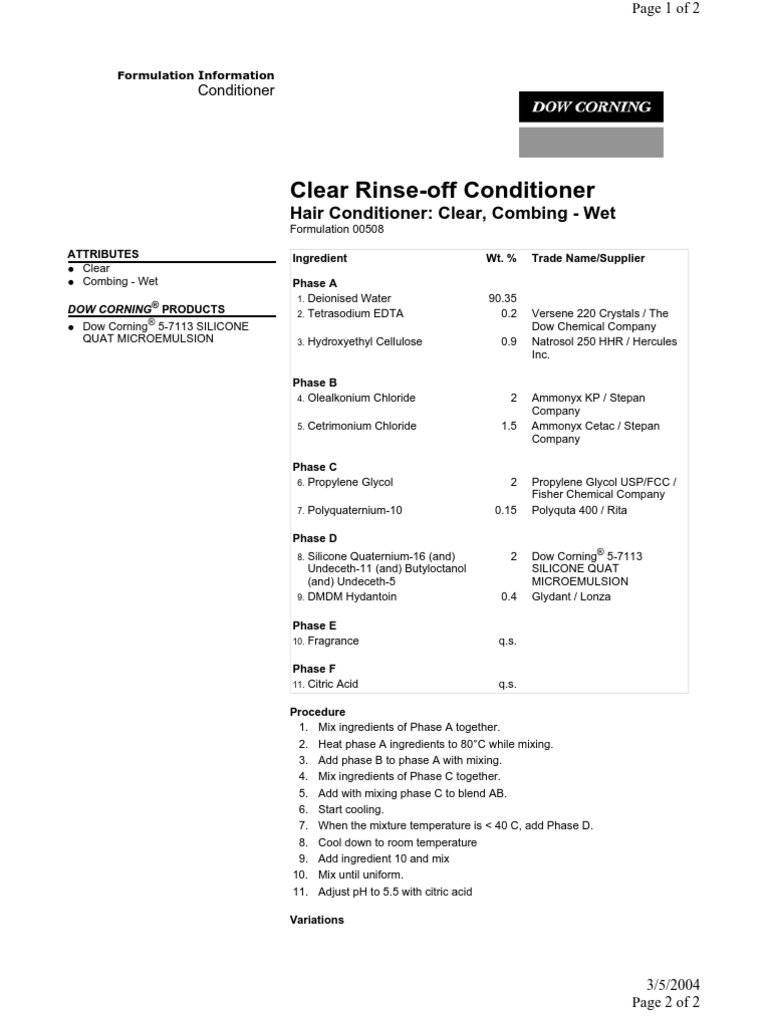 Dow Conditioner Formulation - Rinse Off | PDF | Phase (Matter) | Safety