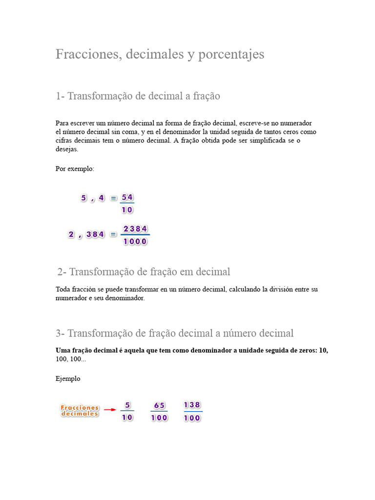 Frações, Decimais e Porcentagens Explicados | PDF | Decimal | Teoria ...