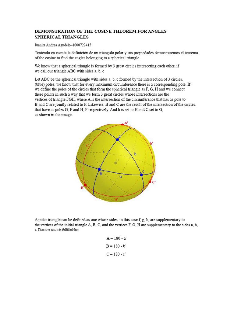 Cosine Theorem in Spherical Triangles | PDF | Triangle | Geometry