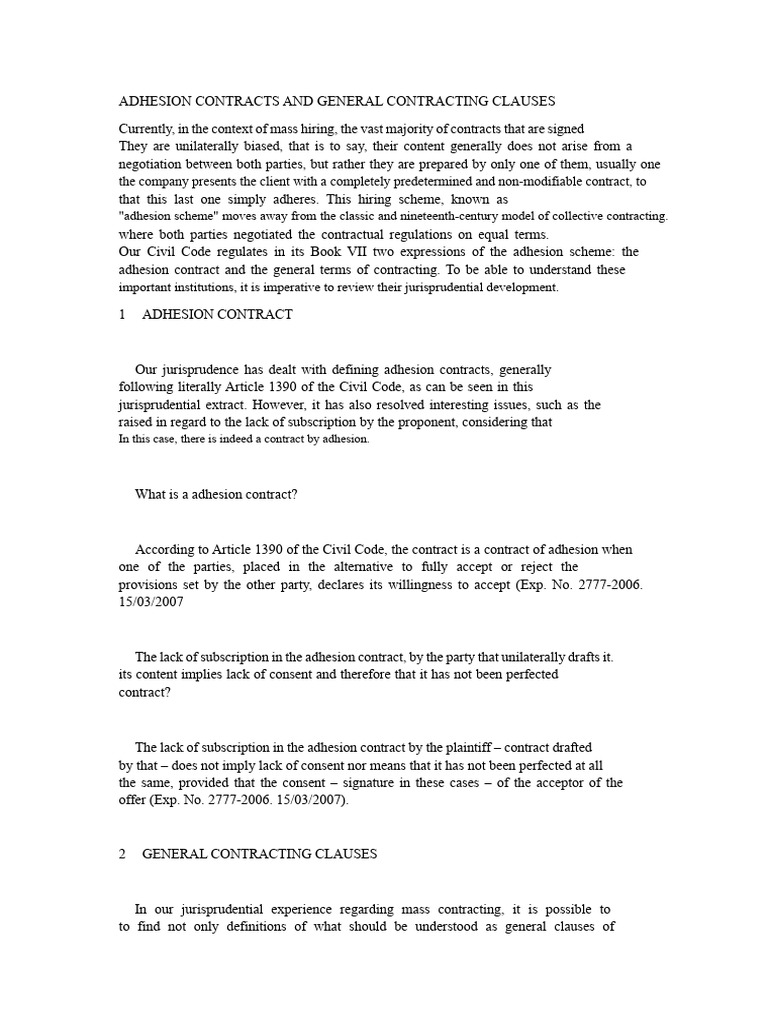 Adhesion Contracts and General Contracting Clauses - Dialogue With ...