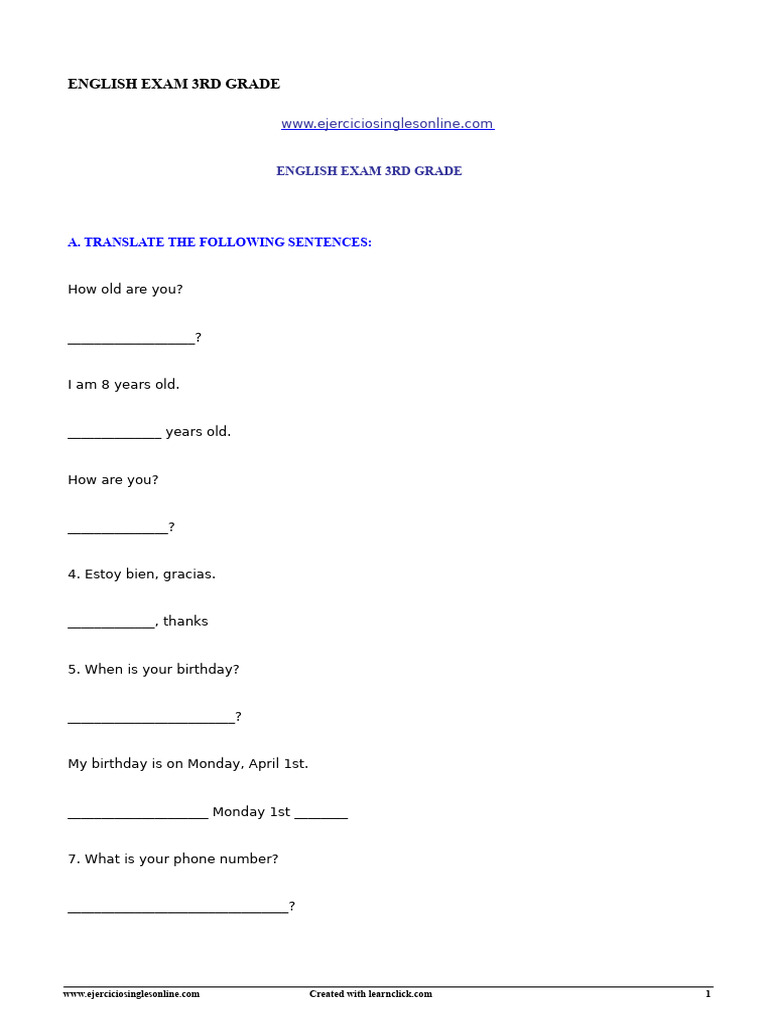 3rd Grade English Exam Practice | PDF