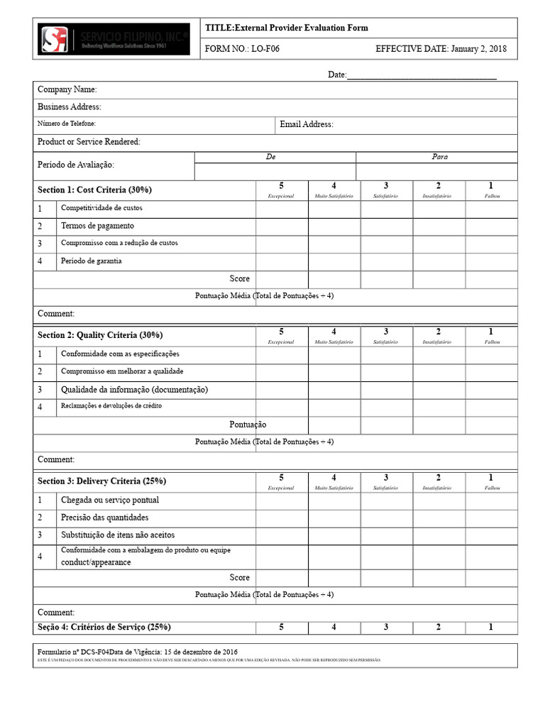 Formulário de Avaliação de Fornecedores | PDF