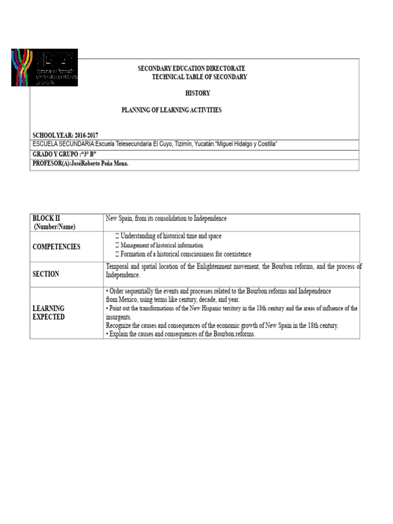 History Class Plan For Mexican History) State Secondary School | PDF ...