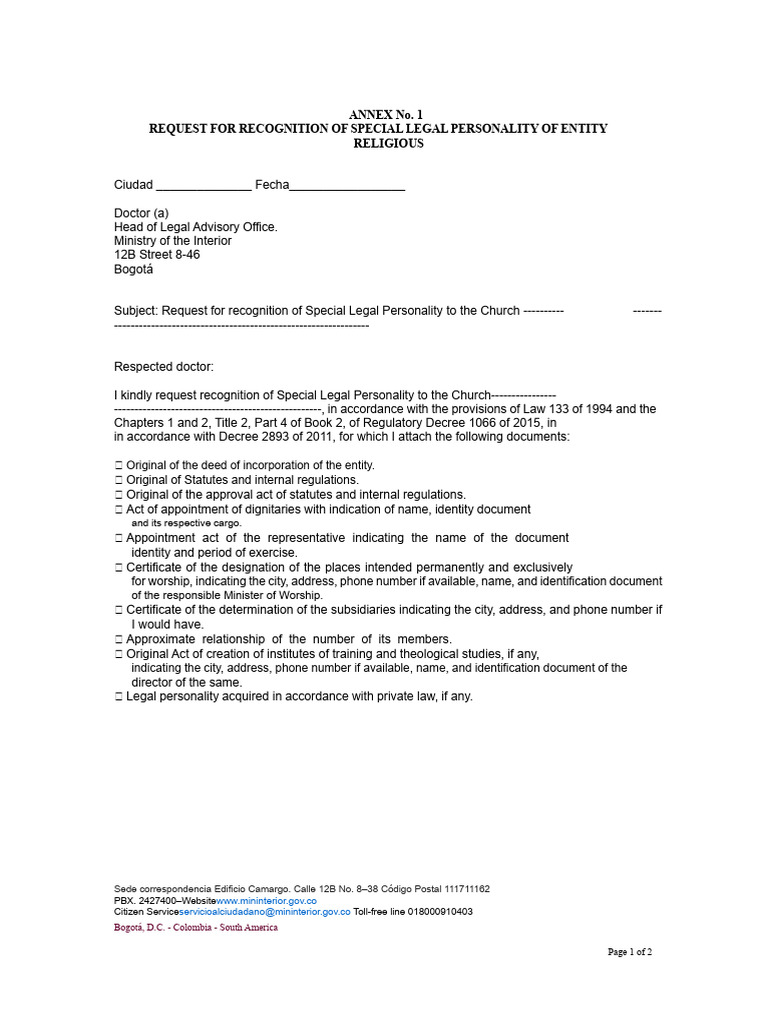 Request for Church Legal Recognition | PDF | Identity Document | Governance