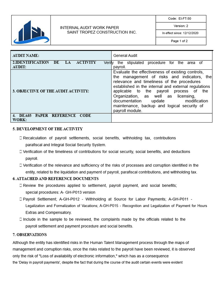 EI-FT-50 Internal Audit Workpaper Format - PAYROLL PROCEDURE | PDF ...
