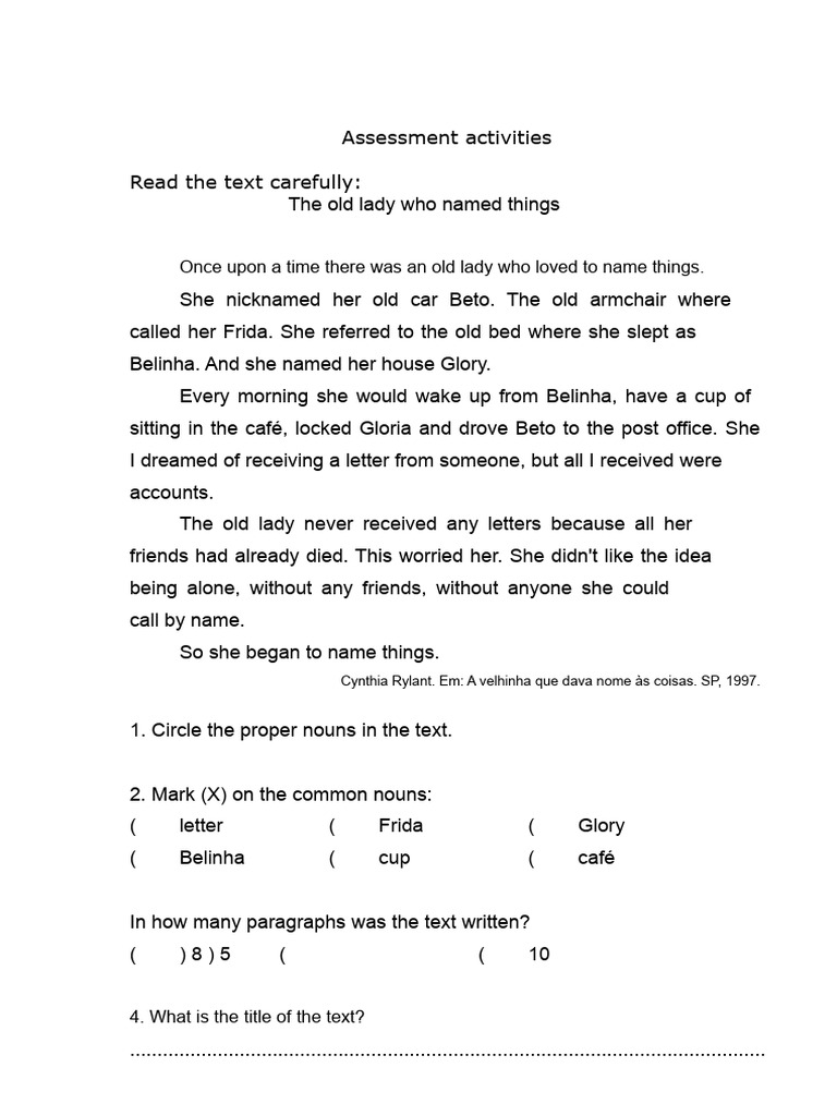 Assessment Activity With The Text The Old Lady Who Named Things | PDF ...