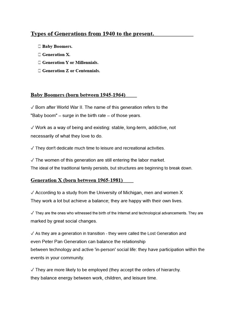 Types of Generations Since 1940 (HR1) . | PDF | Millennials | Baby Boomers