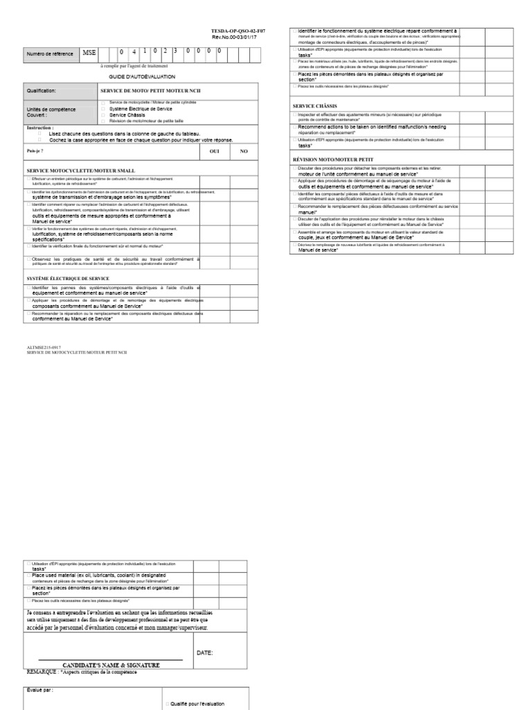 Guide d'Autoévaluation Service Moto NCII | PDF | Motocyclette