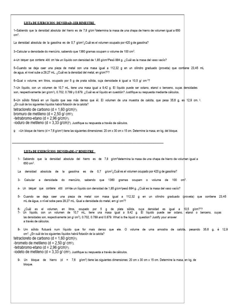 Ejercicios Densidad | PDF | Densidad | Química