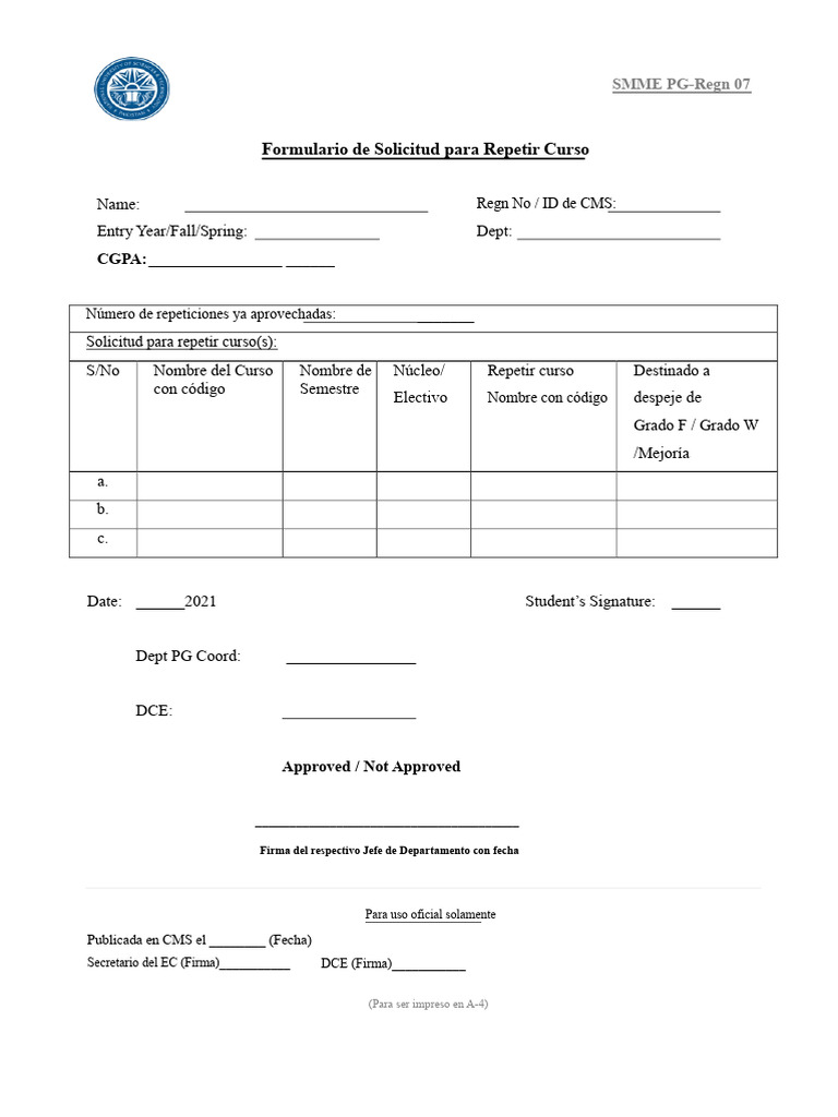 Formulario de Solicitud para Curso Repetido | PDF