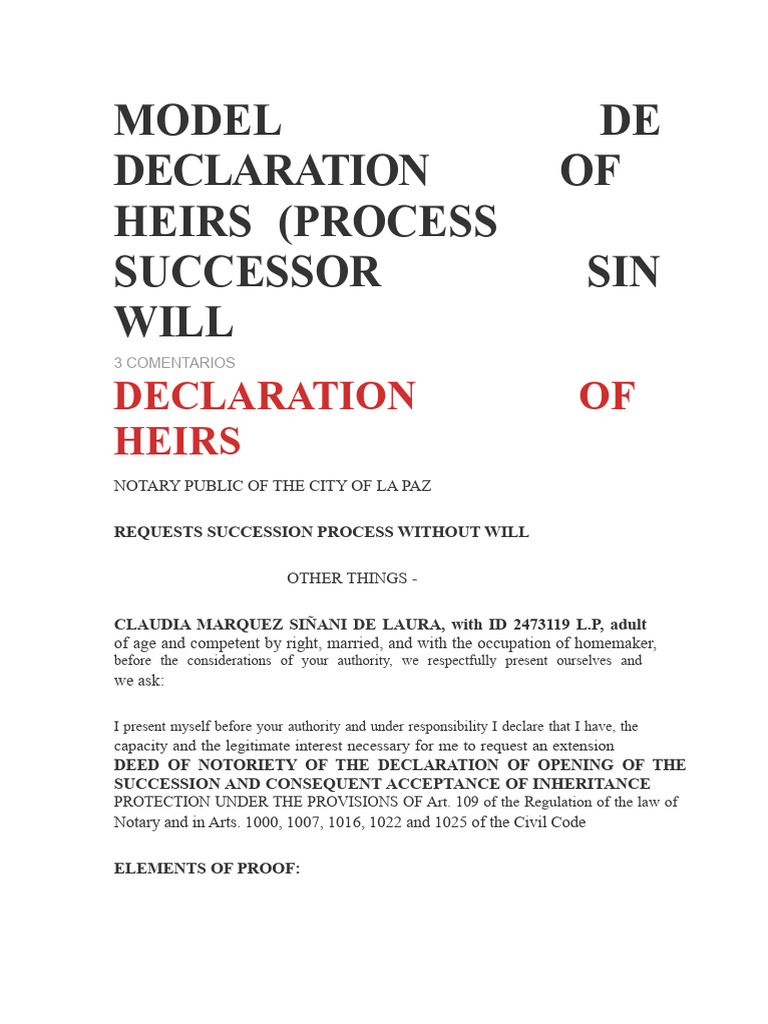 Model of Declaration of Heirs | PDF | Inheritance | Notary Public