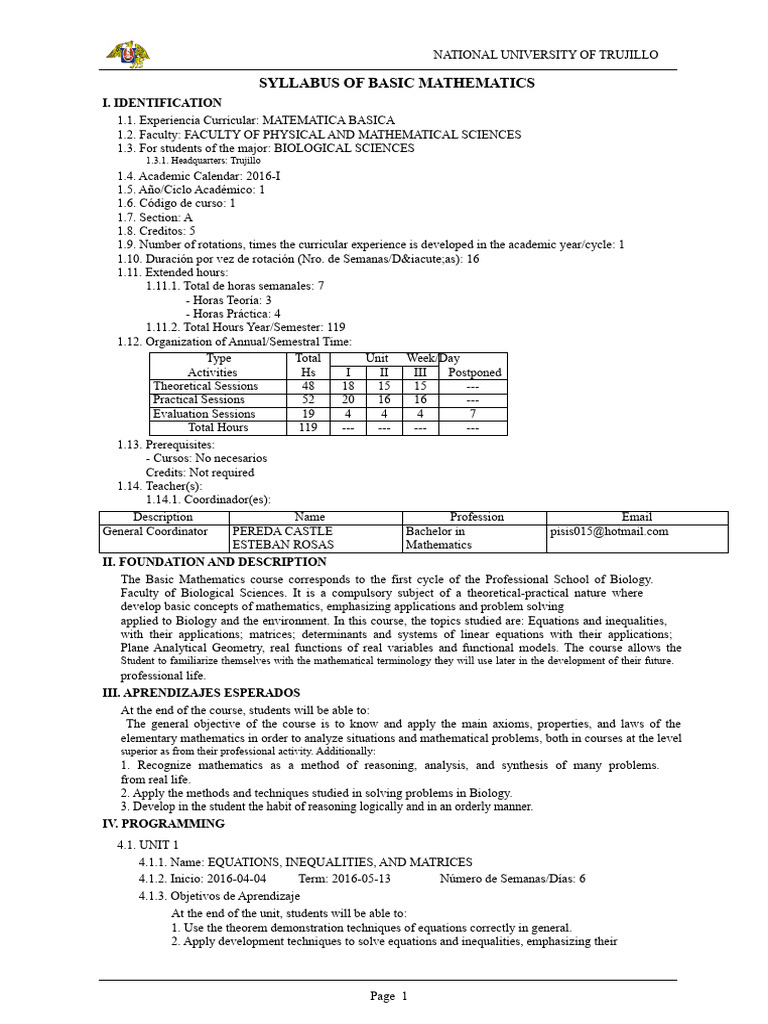 Syllabus Basic Mathematics | PDF | Matrix (Mathematics) | Equations