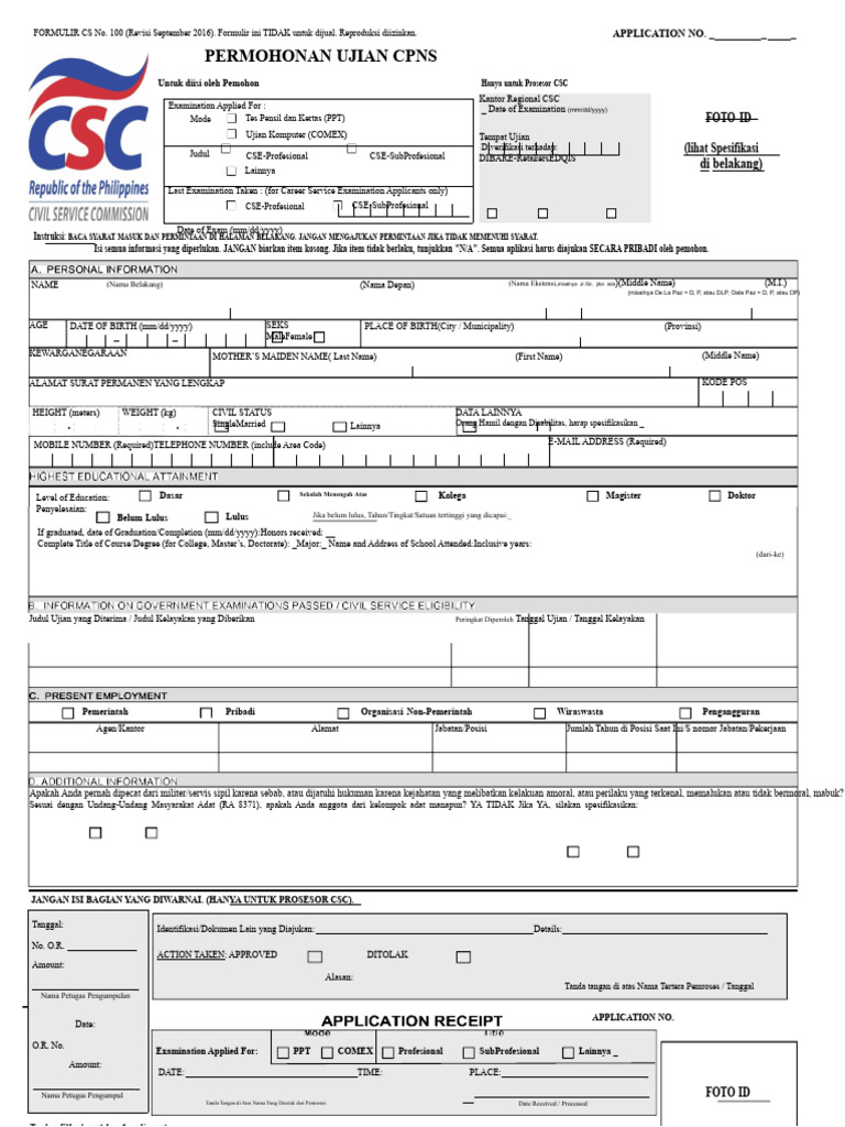 CS Form 100 - Revisi September 2016 | PDF