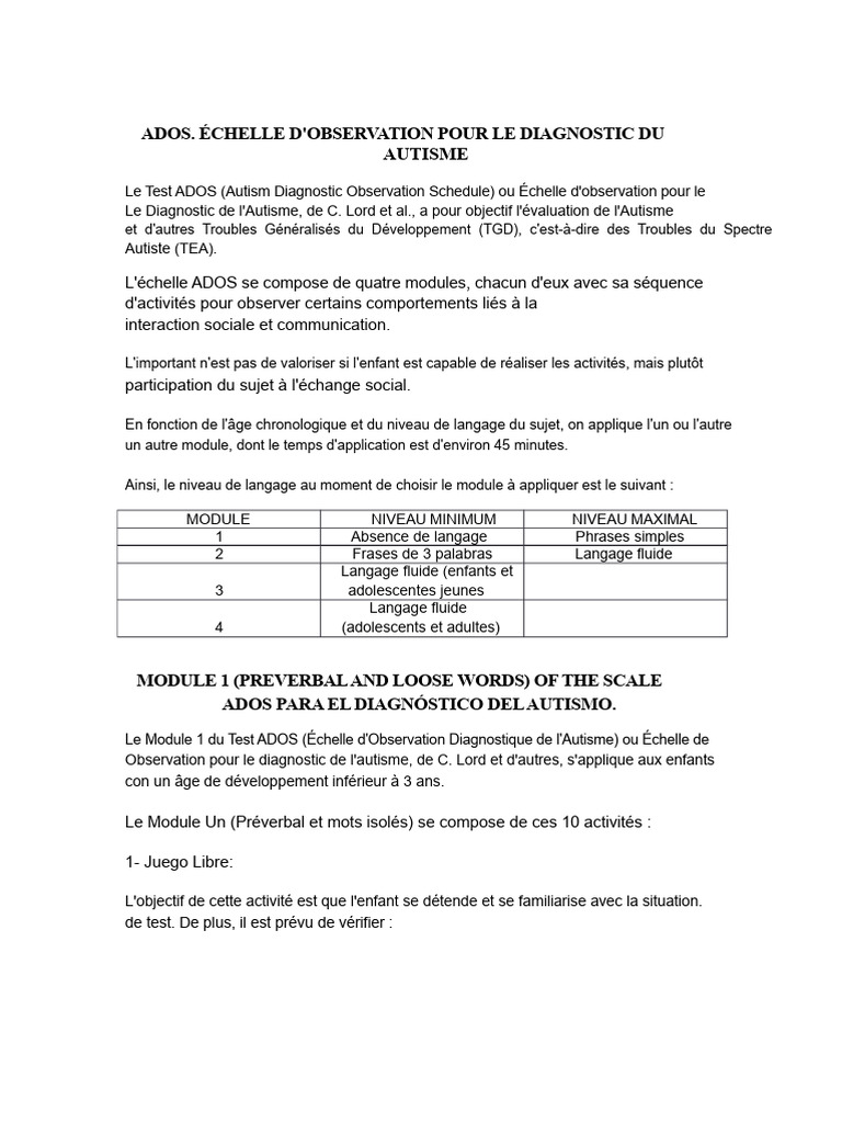 Échelle ADOS pour le diagnostic de l'autisme | PDF | Autisme ...