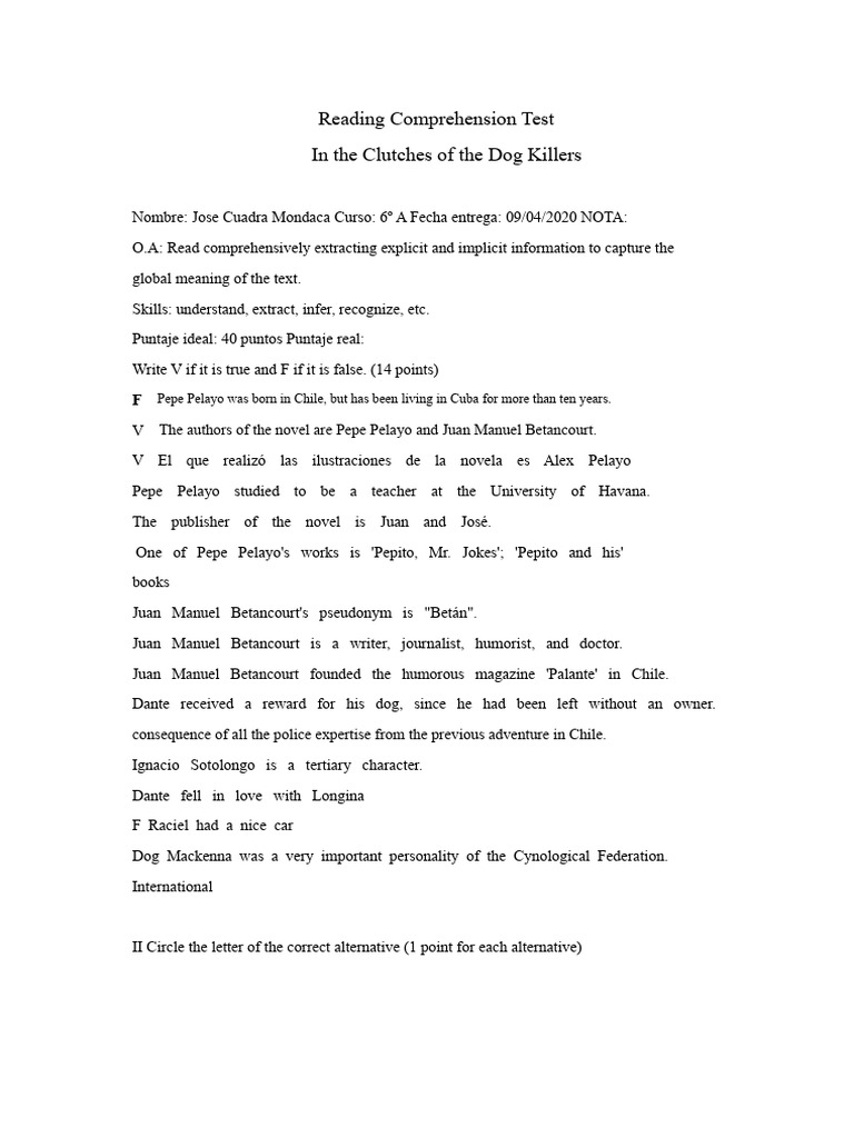 Reading Comprehension Test in The Clutches of The Dog Killers | PDF