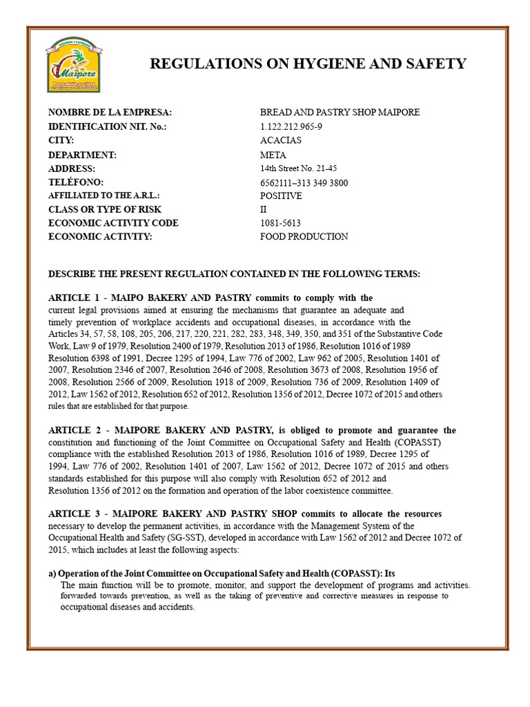 Hygiene and Safety Regulations for Bakeries | PDF | Occupational Safety ...