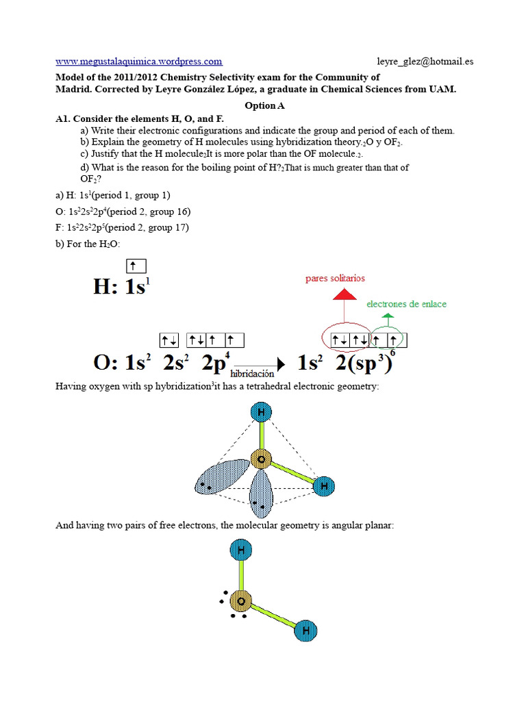 Chemistry Selectivity Exam Model 2011-2012 | PDF | Chemical Polarity ...